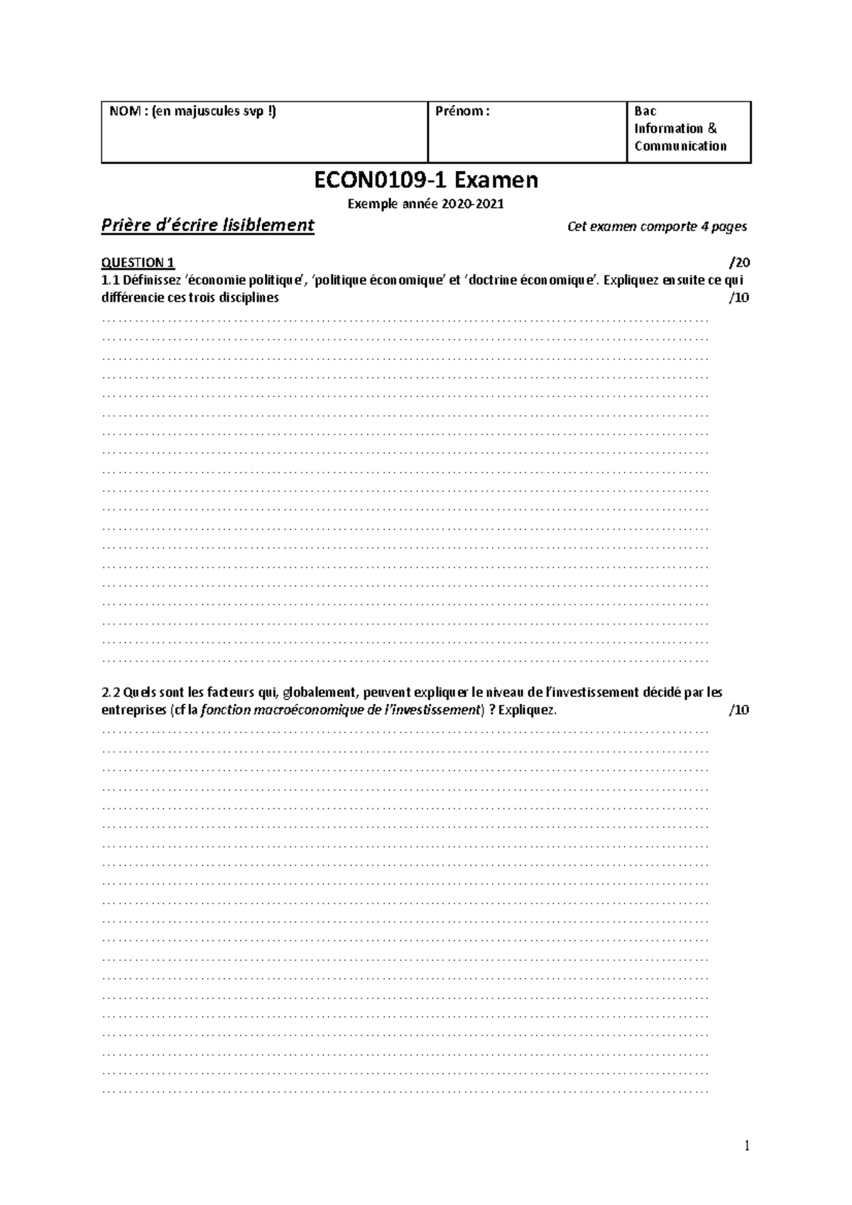 Exemple examen économie ECON0109-1 2020-2021 - Introduction aux ...