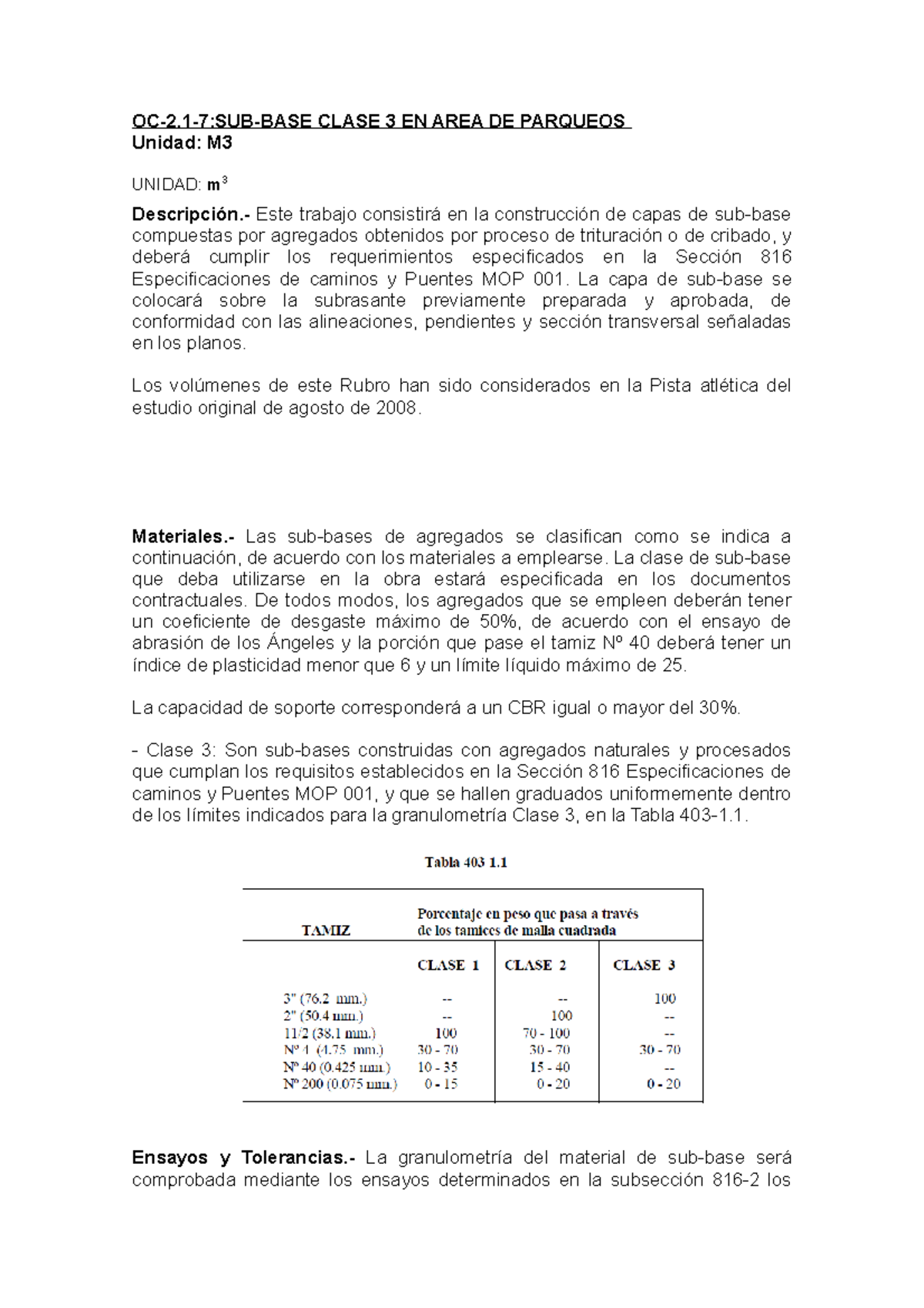 Especificaciones Tecnicas de materiales petreos para construcción - OC-2-7:SUB-BASE CLASE 3 EN ...