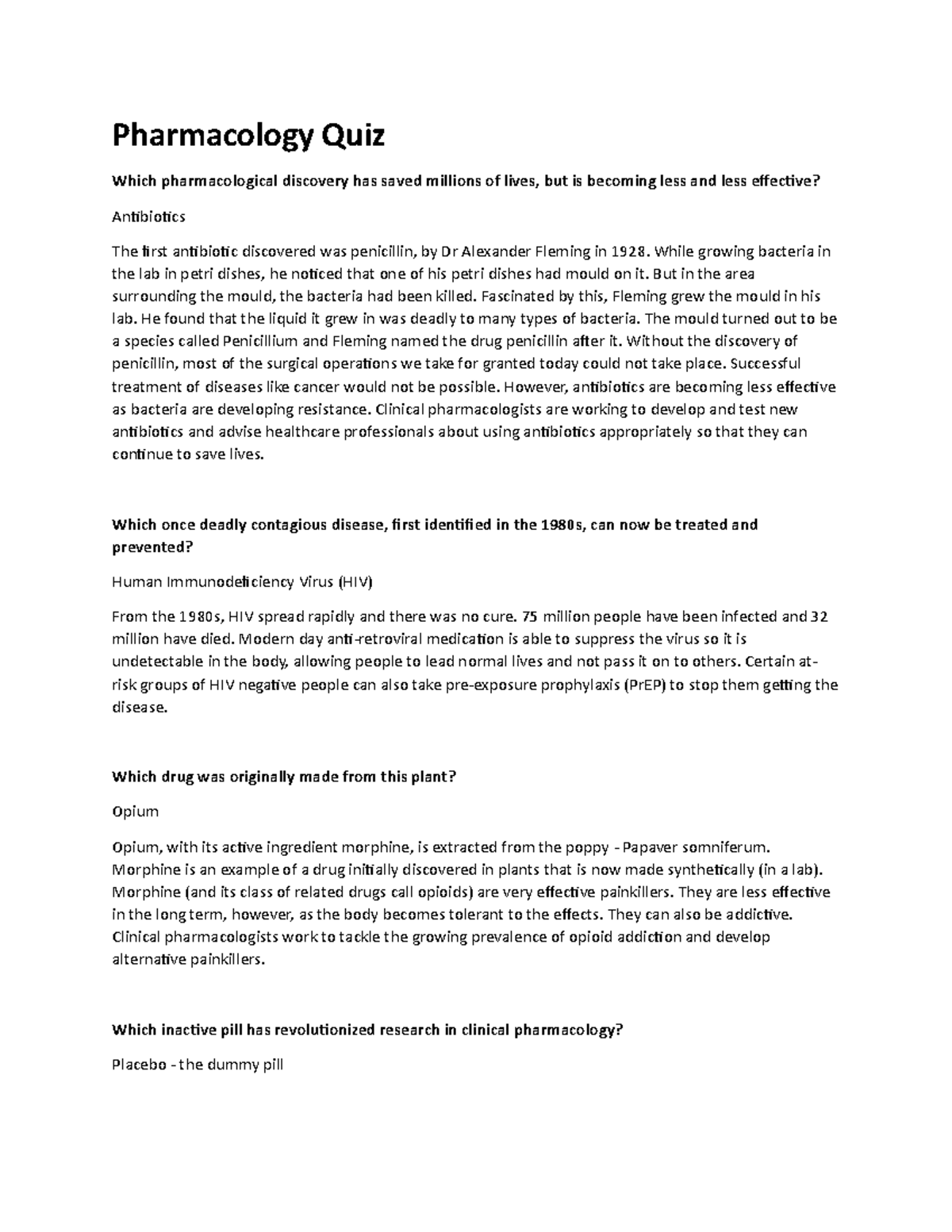 Pharmacology Quiz - Pharmacology Quiz Which pharmacological discovery ...