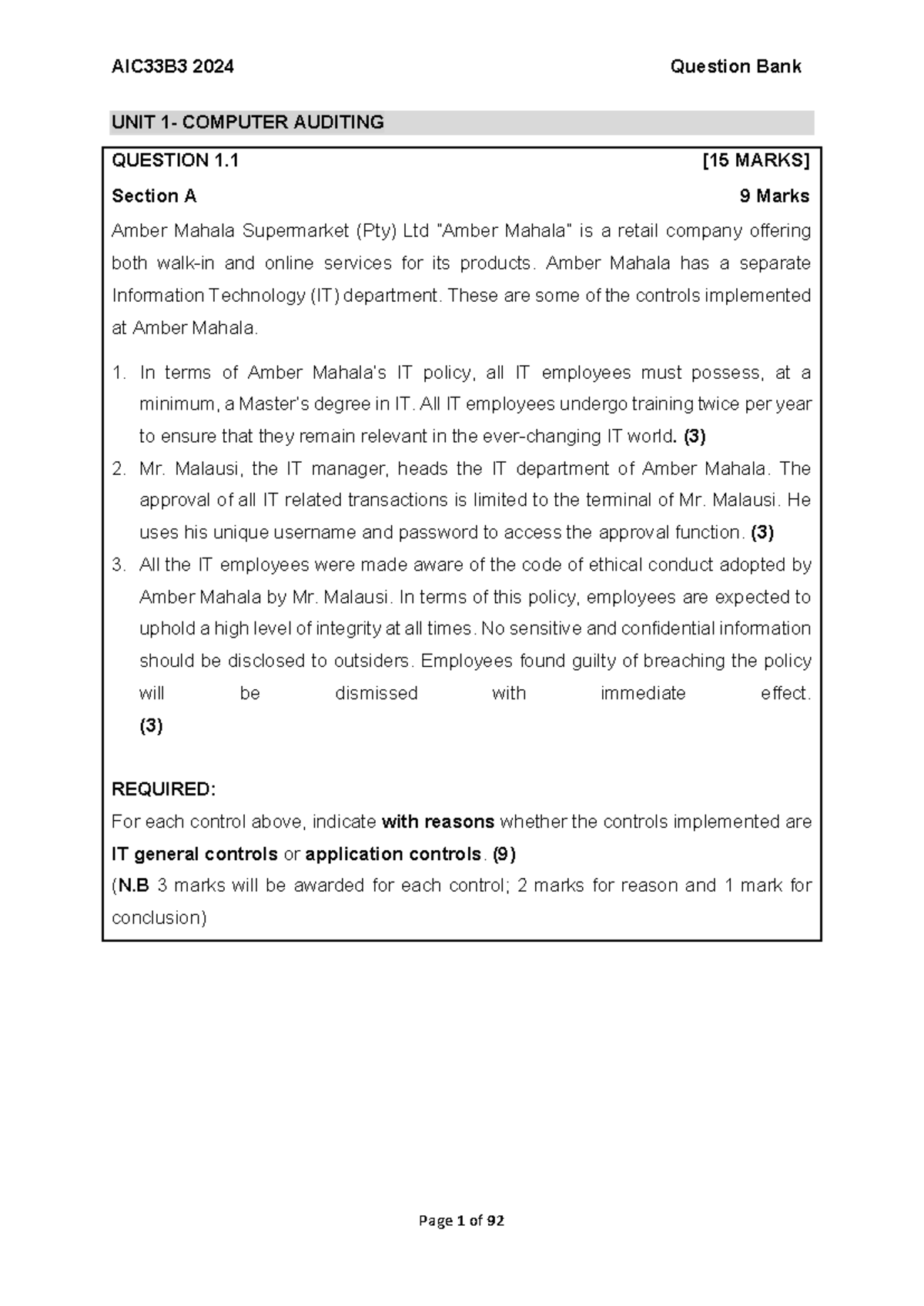 AIC33B3 2024 Question Bank - UNIT 1- COMPUTER AUDITING QUESTION 1 .1 ...