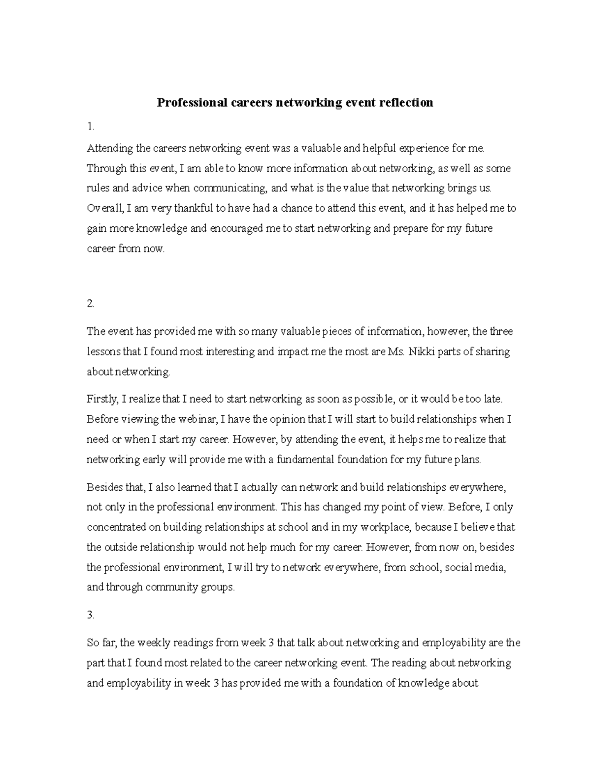 Event journal reflection 1 - Professional careers networking event ...