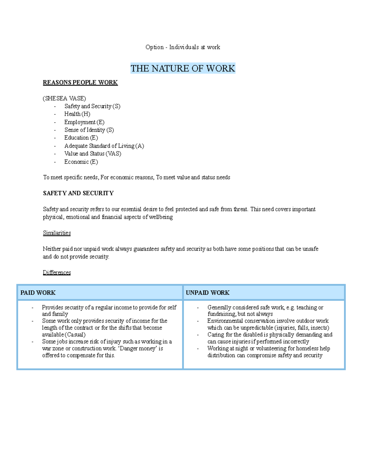 CAFS - Individuals AND WORK - Option - Individuals at work THE NATURE ...