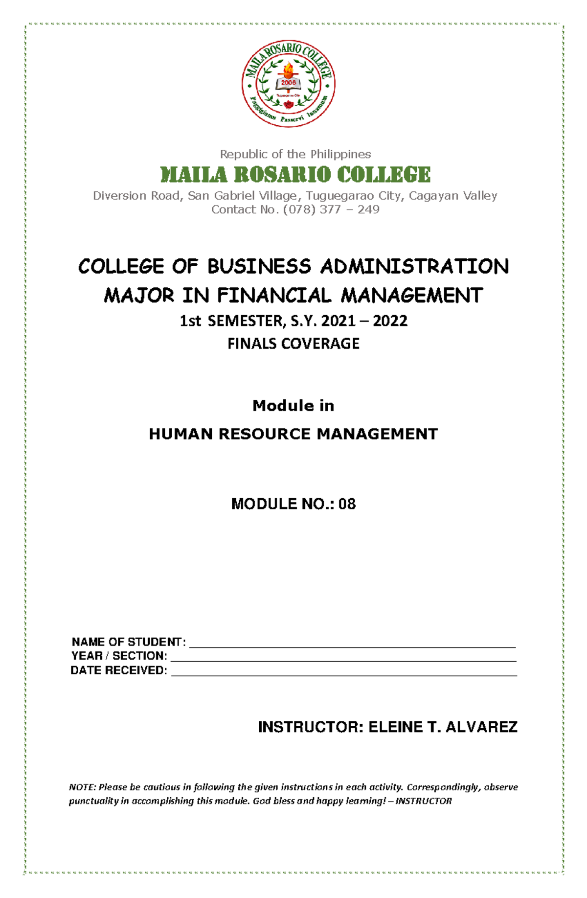 HRM module 8 - COLLEGE OF BUSINESS ADMINISTRATION MAJOR IN FINANCIAL ...