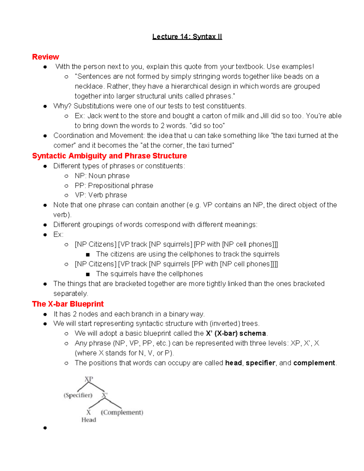 Week 9 Lec 1 - Lecture notes 14 - Lecture 14: Syntax II Review With the ...