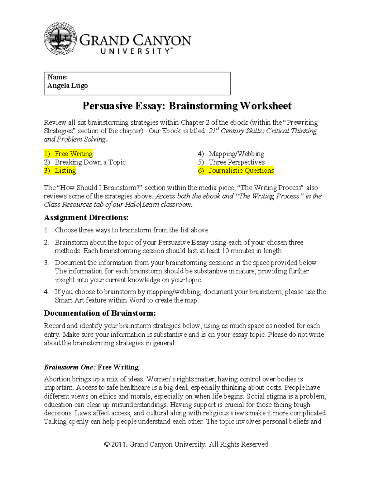 PHI105-T2-Brainstorming Worksheet - Name: Angela Lugo Persuasive Essay ...