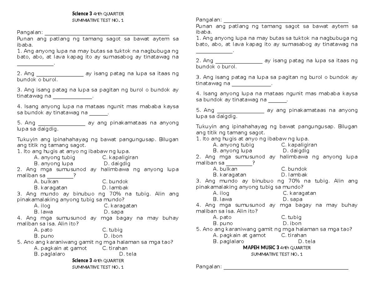 1st summative 4th quarter - Science 3 4rth QUARTER SUMMATIVE TEST NO. 1 ...
