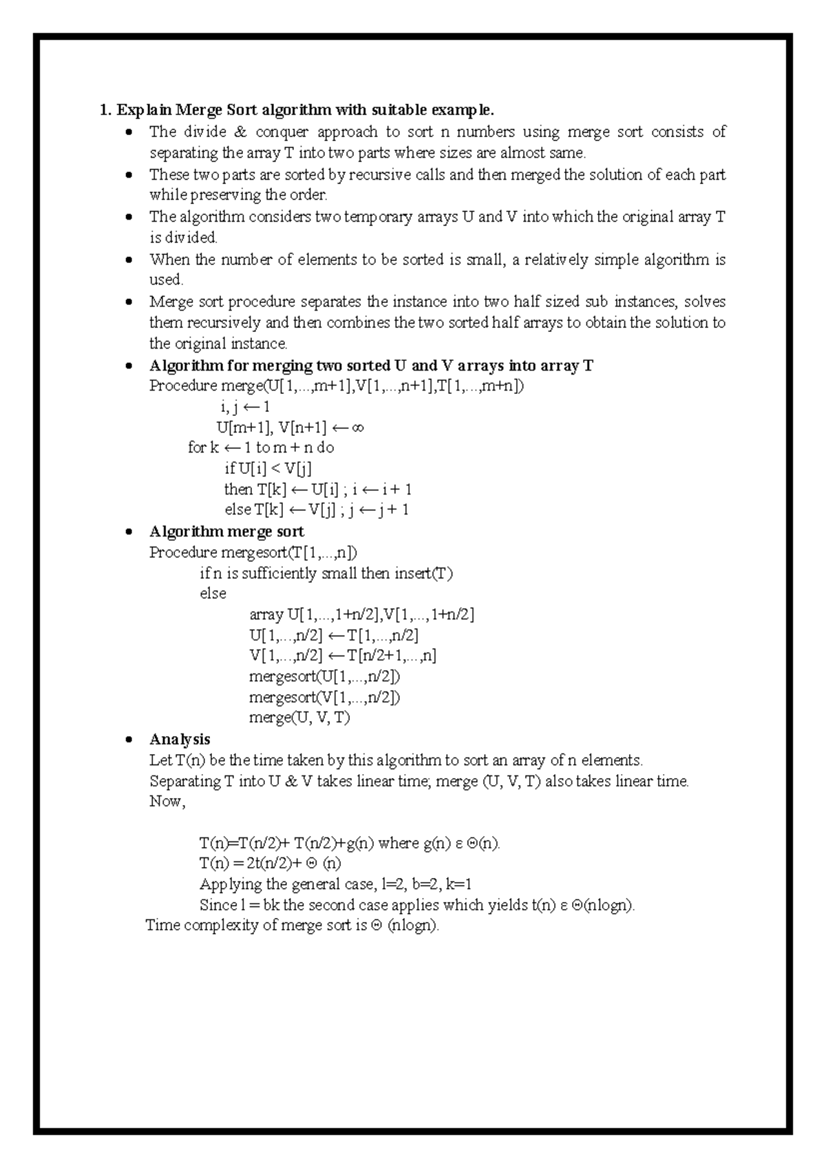 Chap 3 - helpful notes of ADA - Explain Merge Sort algorithm with ...
