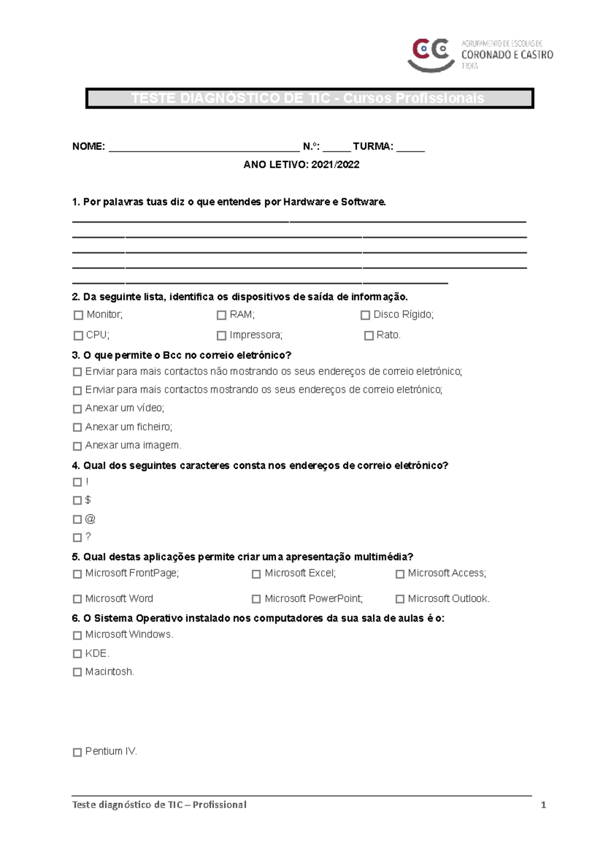 TIC-Cursos Prof -Teste Diagnostico - TIC - Studocu