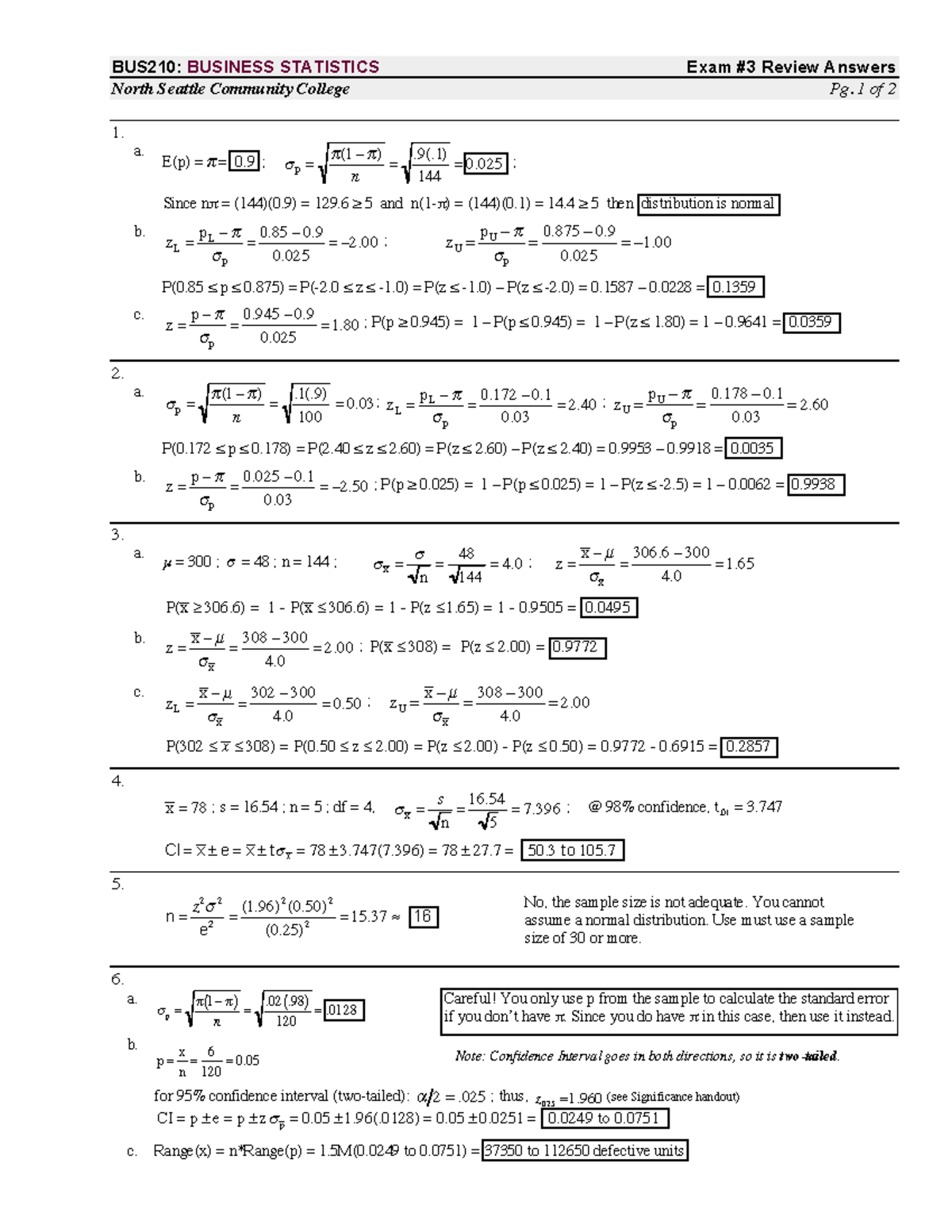 Test 3 review (ch7-8) answ - BUS210: BUSINESS STATISTICS Exam #3 Review ...