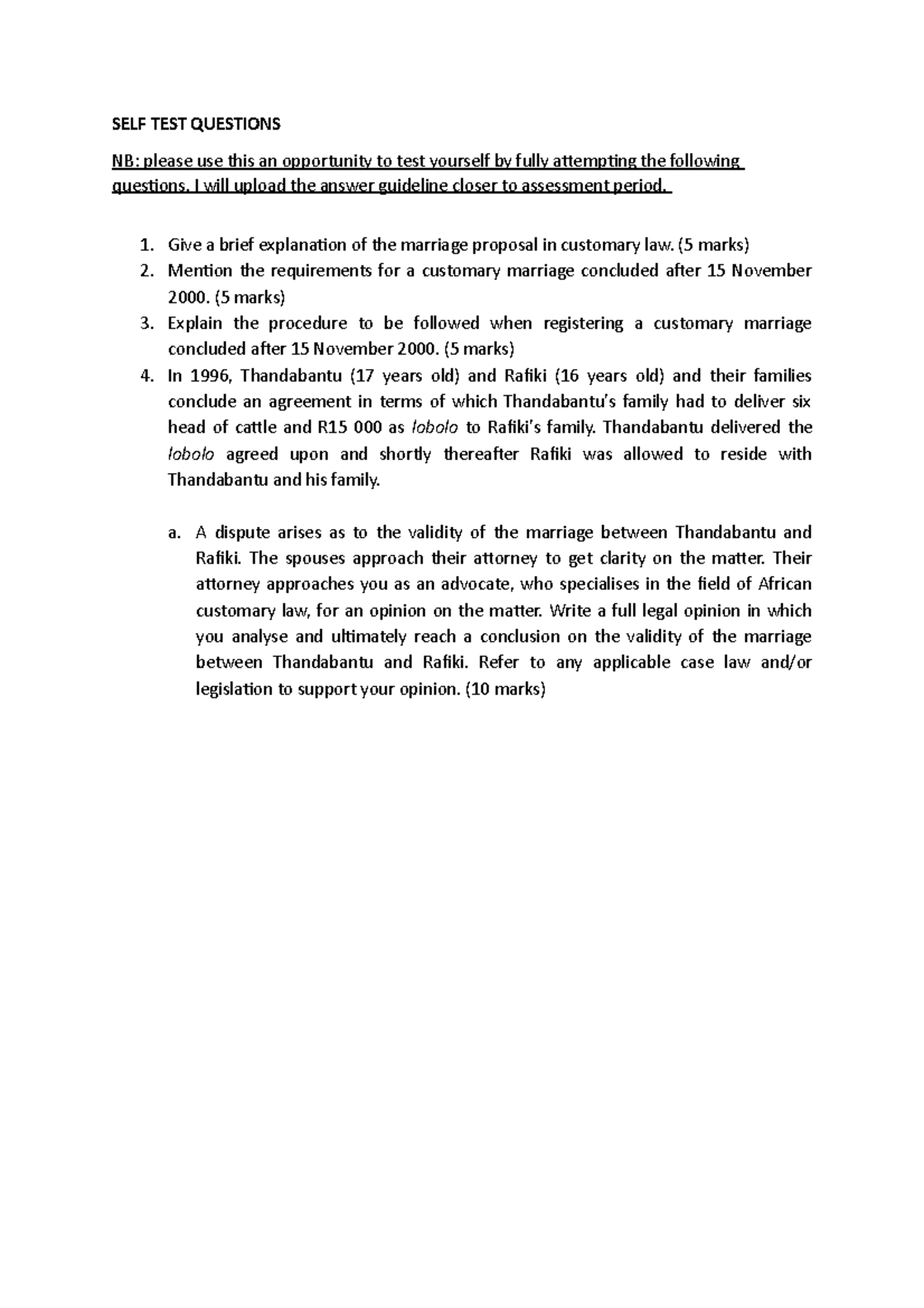 SELF TEST Questions.docx- Ch 6 - JLXV201 - Mandela - Studocu