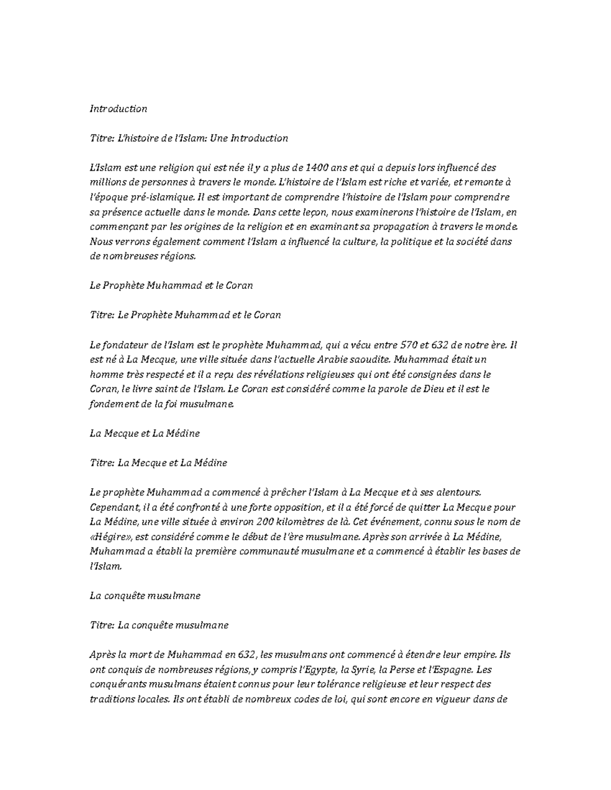 History of Islam Notes de cours - Introduction Titre: L’histoire de l ...