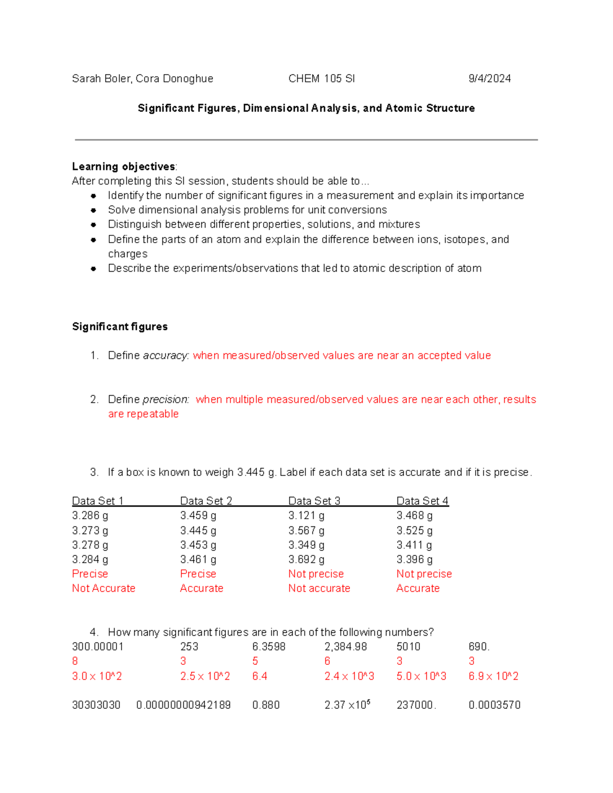 9.4.24 key chem 105 442 - SI assignments answers - Sarah Boler, Cora ...
