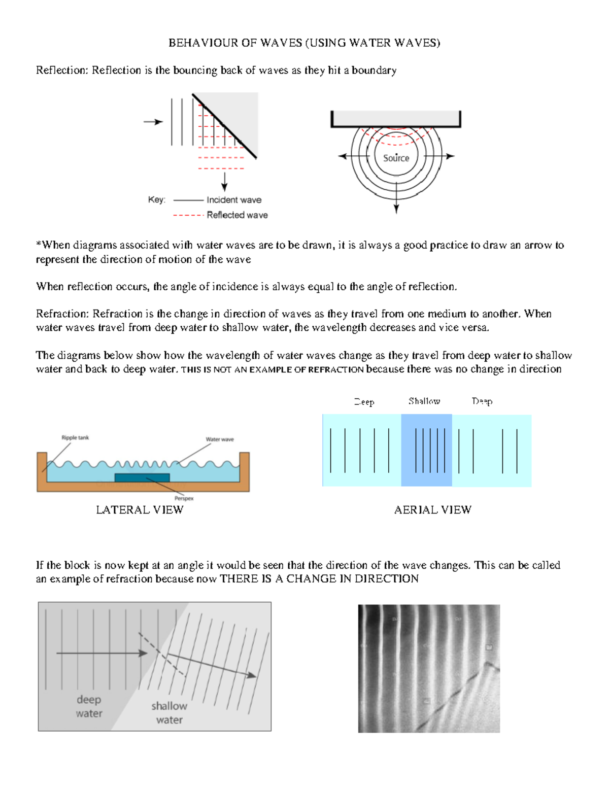 Behaviour of Waves - BEHAVIOUR OF WAVES (USING WATER WAVES) Reflection: Reflection is the ...