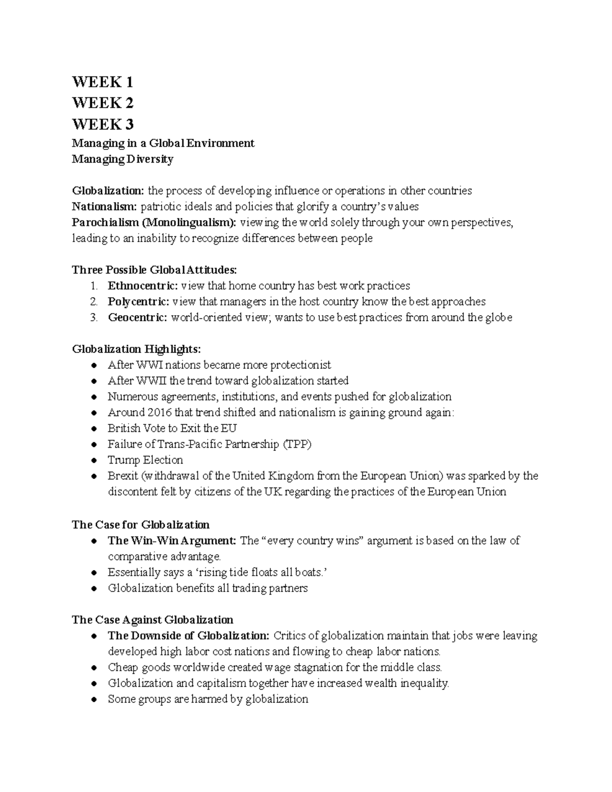 CCT112 week 3 notes - WEEK 1 WEEK 2 WEEK 3 Managing in a Global ...