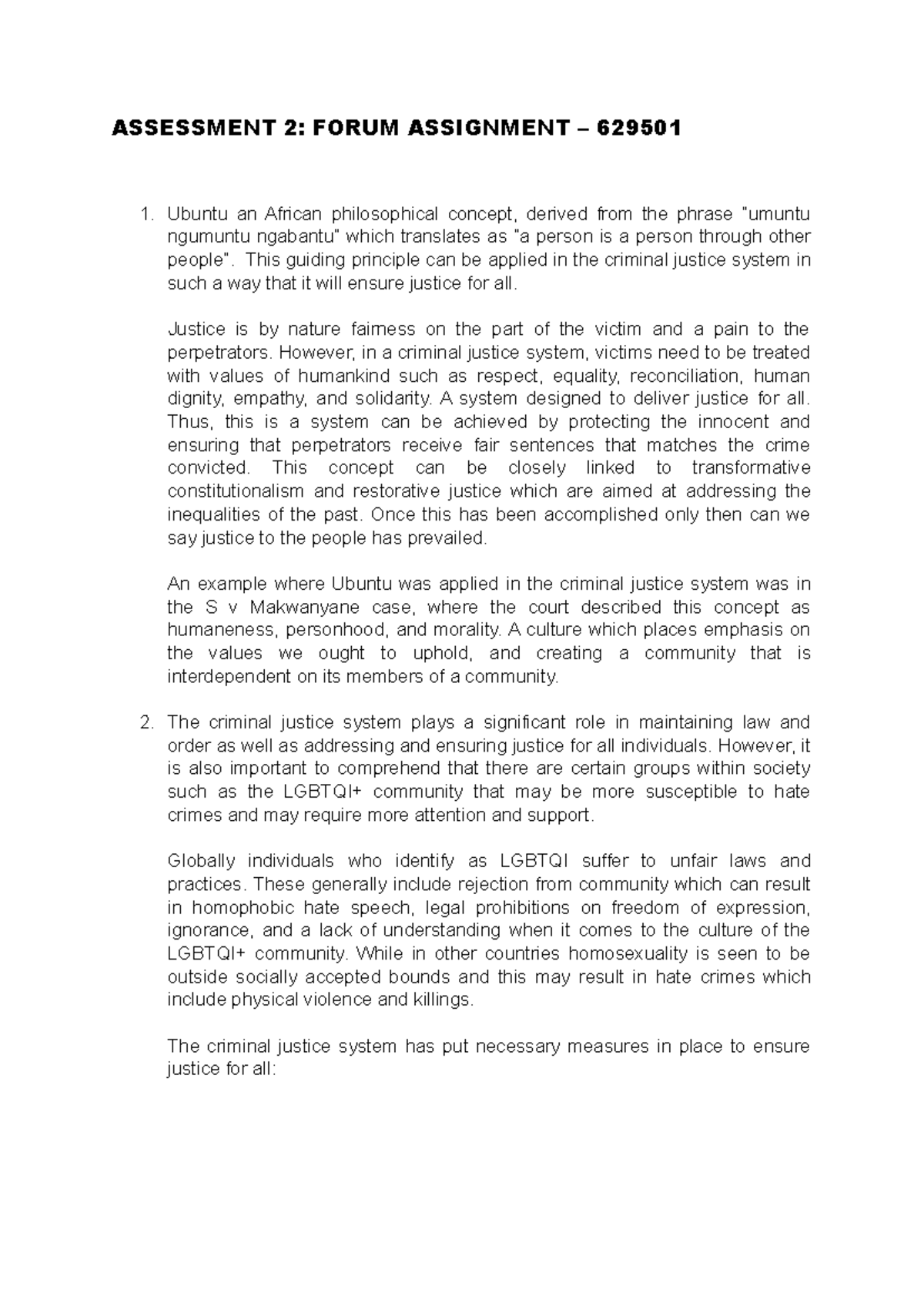 Assessment 2 SJD - SJD1501 - ASSESSMENT 2: FORUM ASSIGNMENT – 629501 1 ...