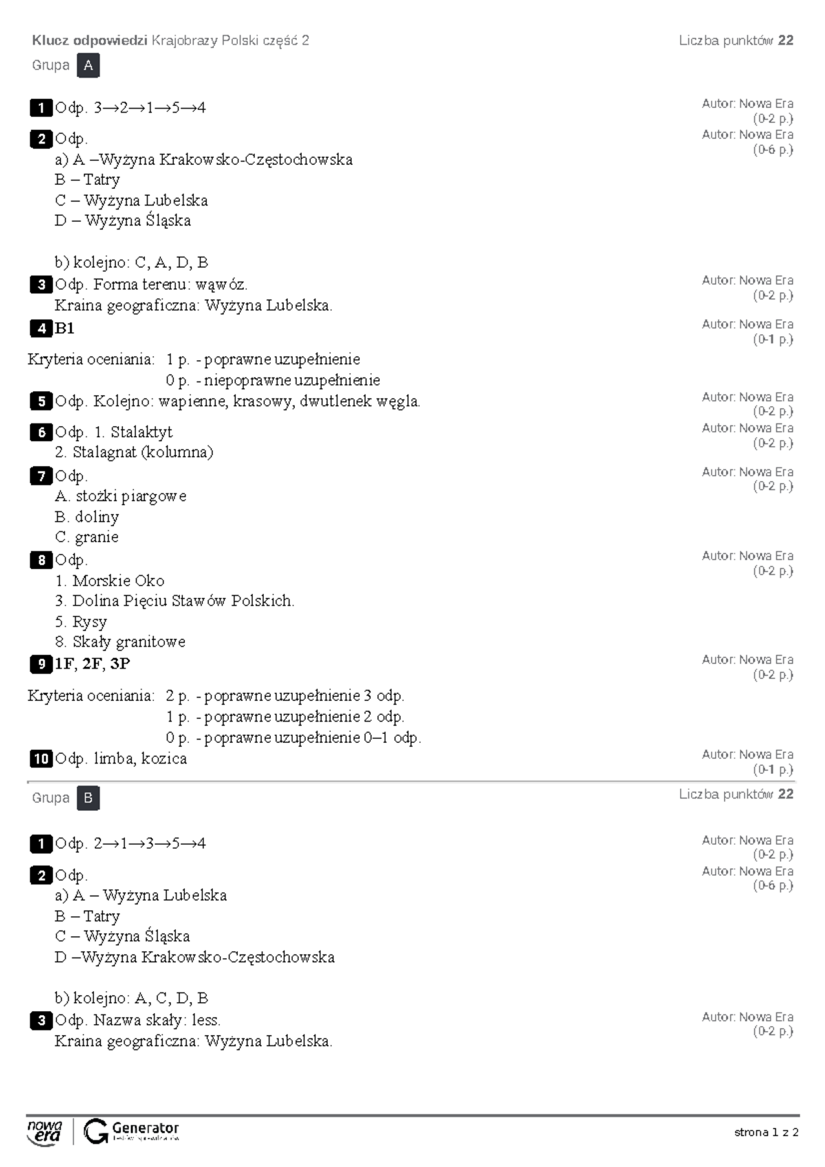 2. Krajobrazy Polski część 2 Klucz odpowiedzi - strona 1 z 2 Kryteria ...