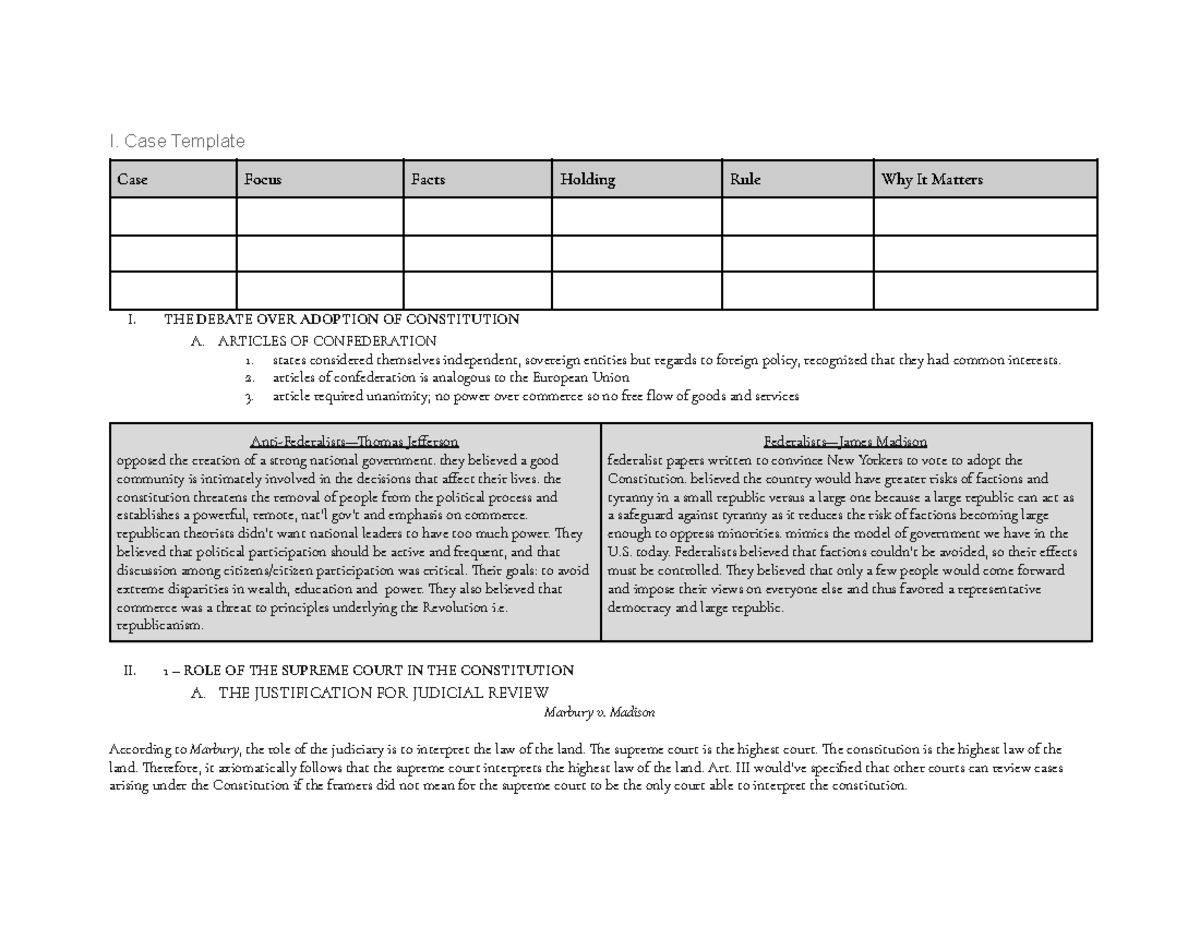 Constitutional Law Outline - I. Case Template Case Focus Facts Holding ...