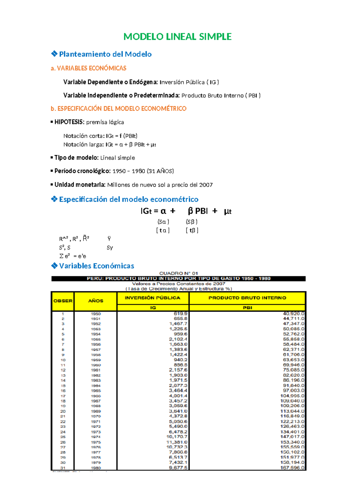 Modelo Lineal Simple - MODELO LINEAL SIMPLE Planteamiento del Modelo a ...