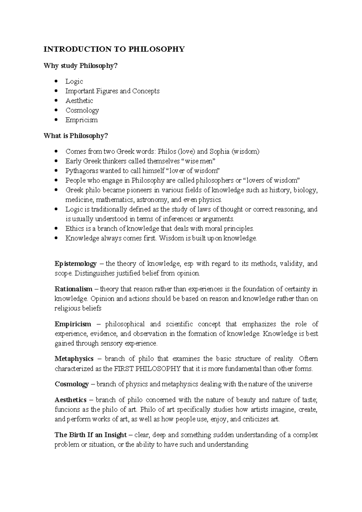 Philo Reviewer 1 - INTRODUCTION TO PHILOSOPHY Why study Philosophy? Logic Important Figures and ...