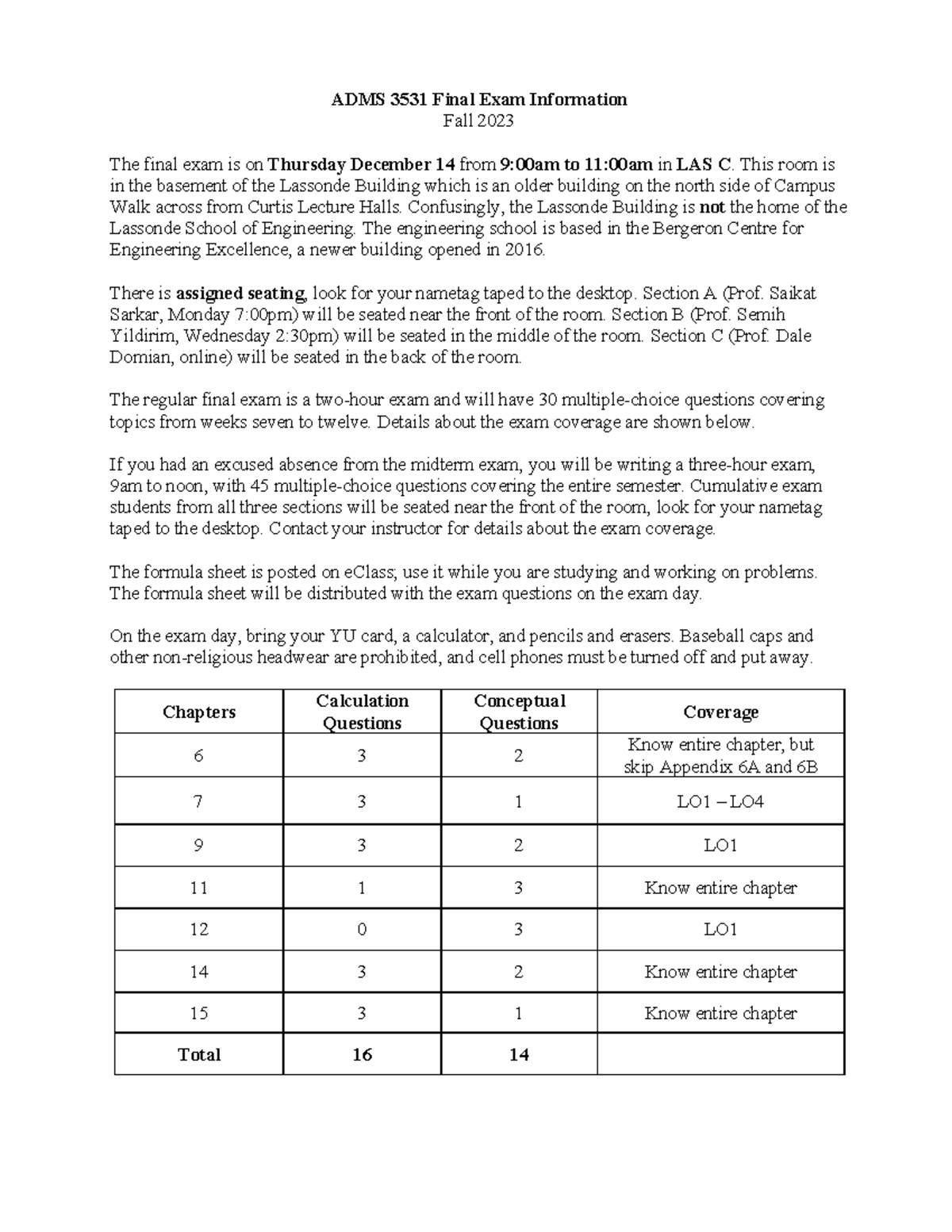 Final Exam Information, Fall 2023 - ADMS 3531 Final Exam Information ...