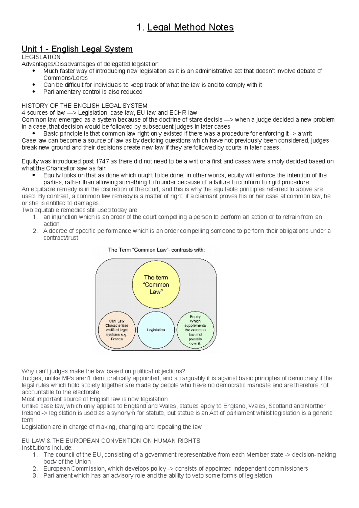 Legal Method - Notes - 1. Legal Method Notes Unit 1 - English Legal ...