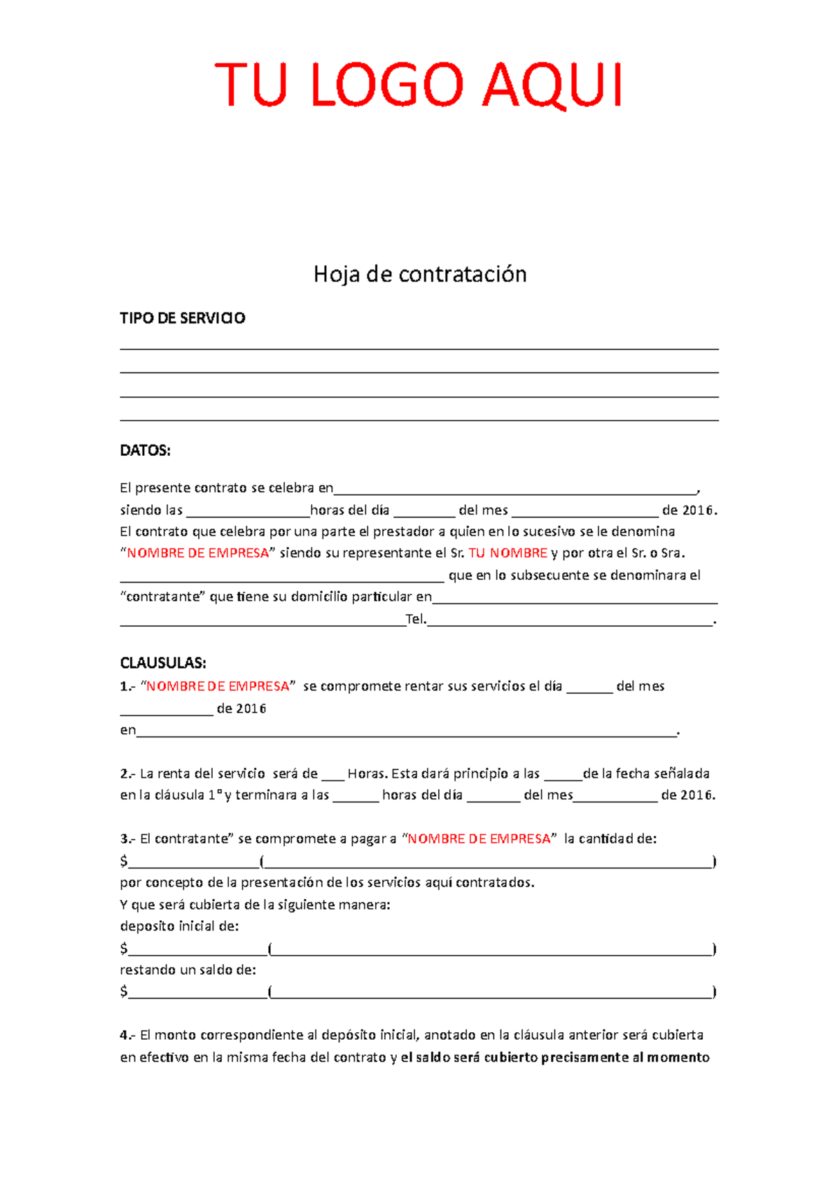 Contrato Servicios - TU LOGO AQUI Hoja de contratación TIPO DE SERVICIO ...