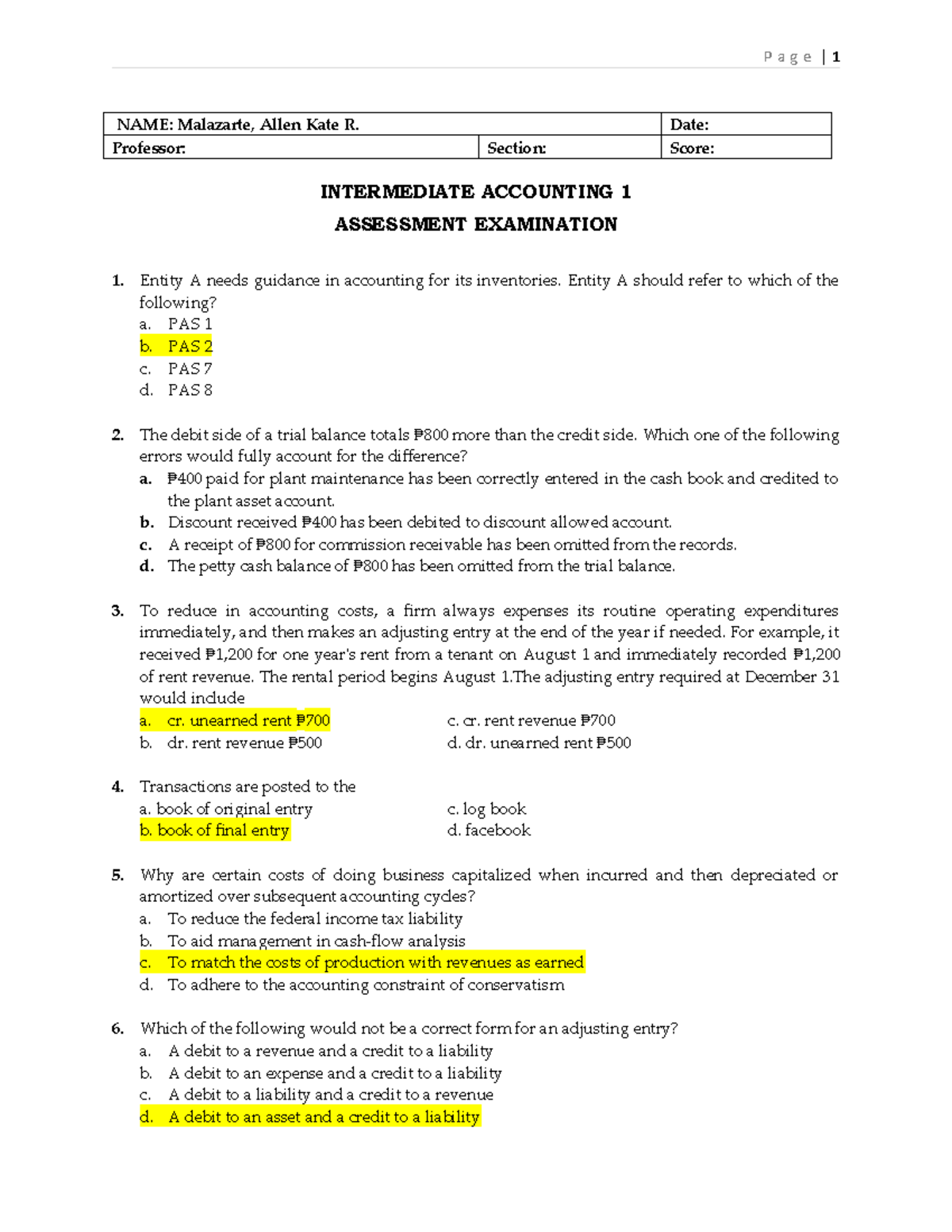 Intac - INTERMEDIATE ACCOUNTING - NAME: Malazarte, Allen Kate R. Date ...