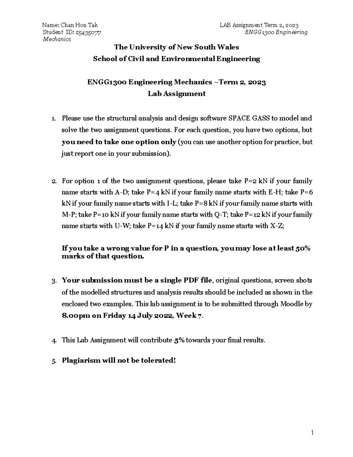 Lab Assignment - Student ID: z5435077 ENGG1300 Engineering Mechanics ...