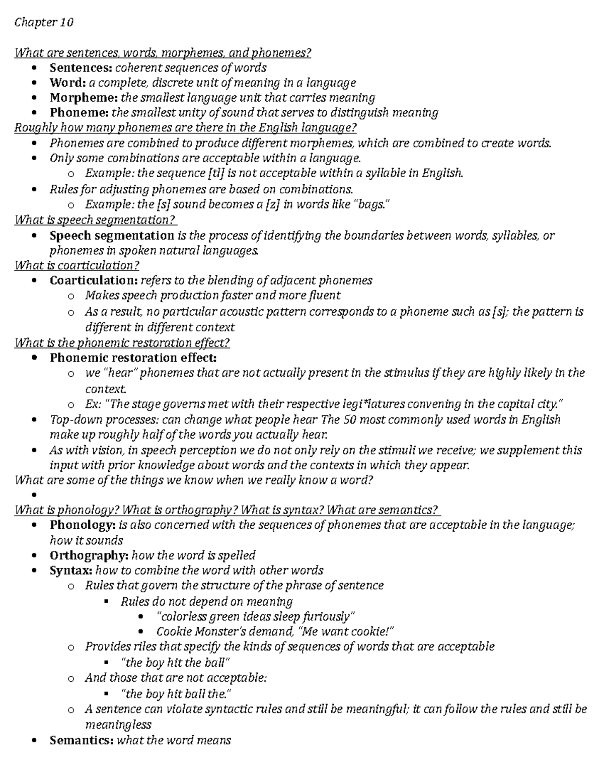 Study Guide chapter 10 - Chapter 10 What are sentences, words ...