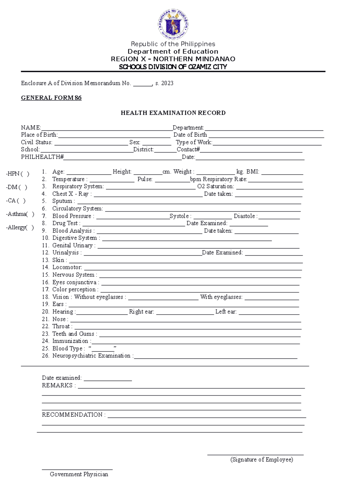 Encl-A - Health form1 - Republic of the Philippines Department of ...