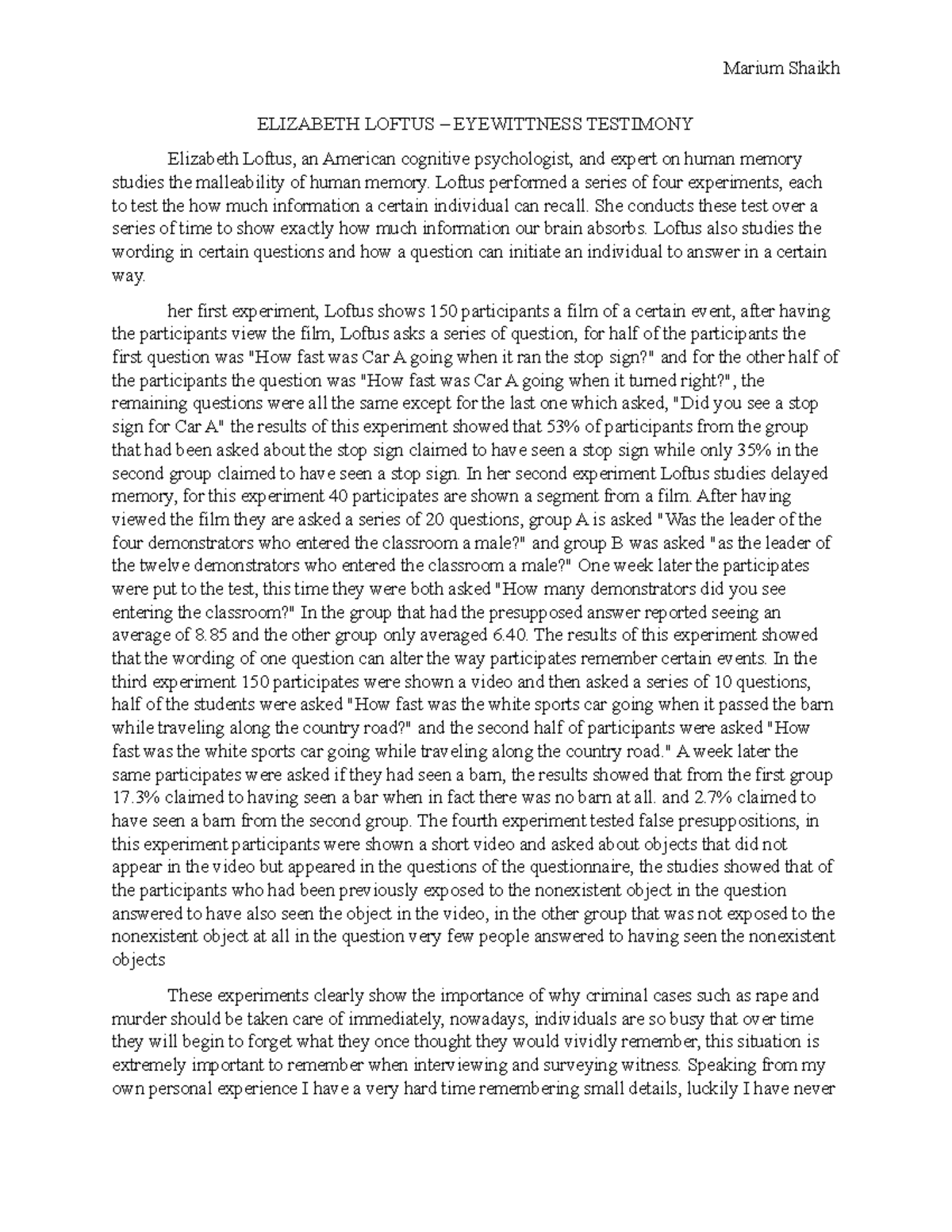Elizabeth Loftus Case Study - Marium Shaikh ELIZABETH LOFTUS ...