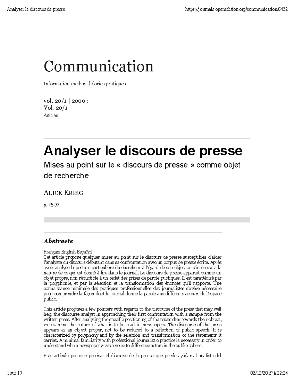 Analyse du discours médiatique: La presse/ Compr - Communication ...