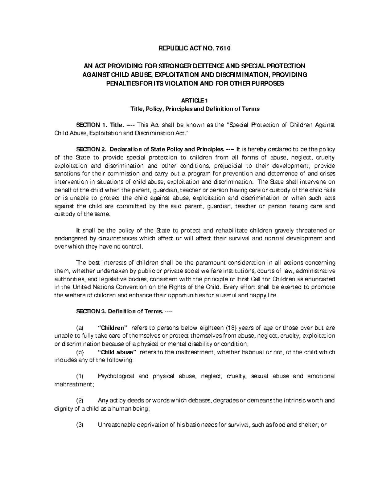 RA 7610 Special Protection Against Child Abuse - REPUBLIC ACT NO. 7610 ...