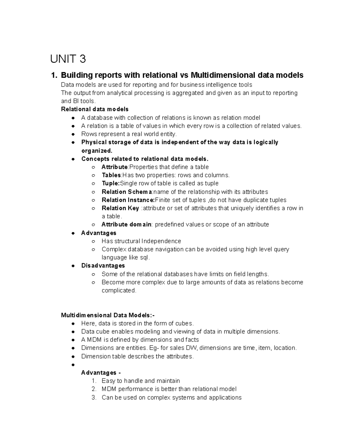 BI Endsem Notes - BAI - UNIT 3 1. Building reports with relational vs ...