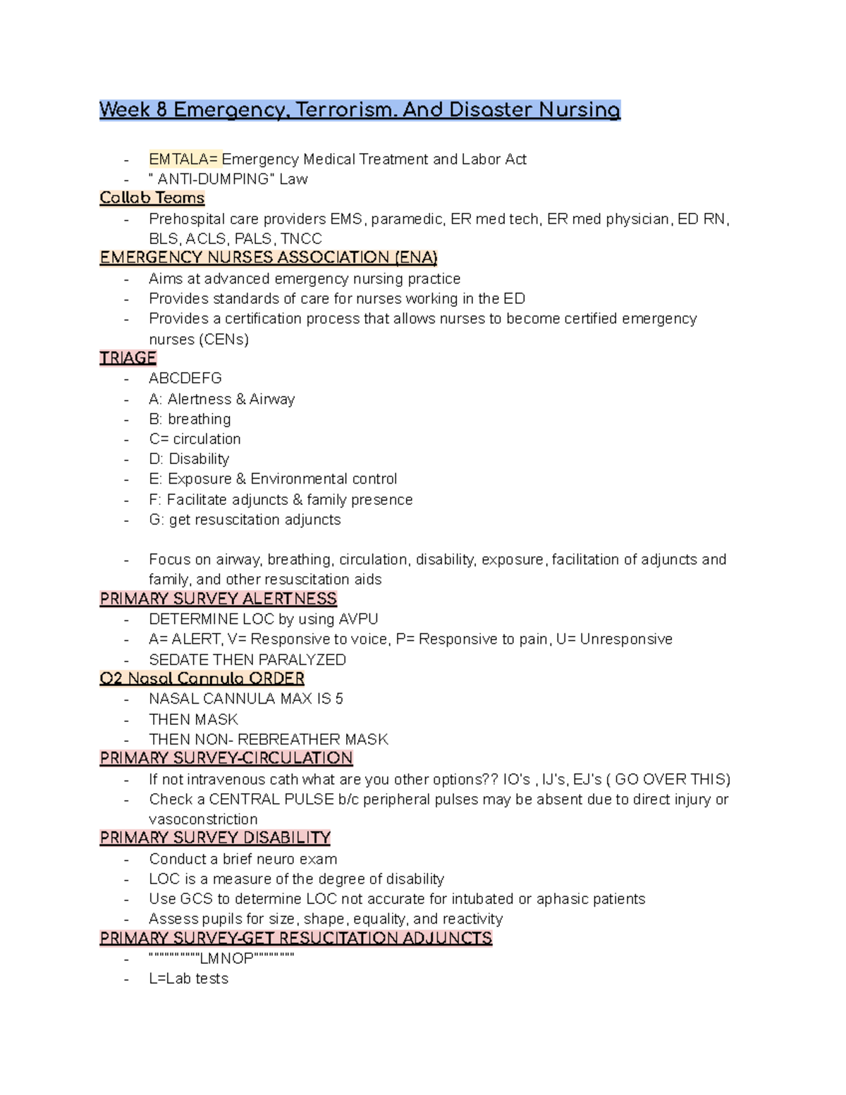 Medsurge IV E2 - Week 8 Emergency, Terrorism. And Disaster Nursing ...