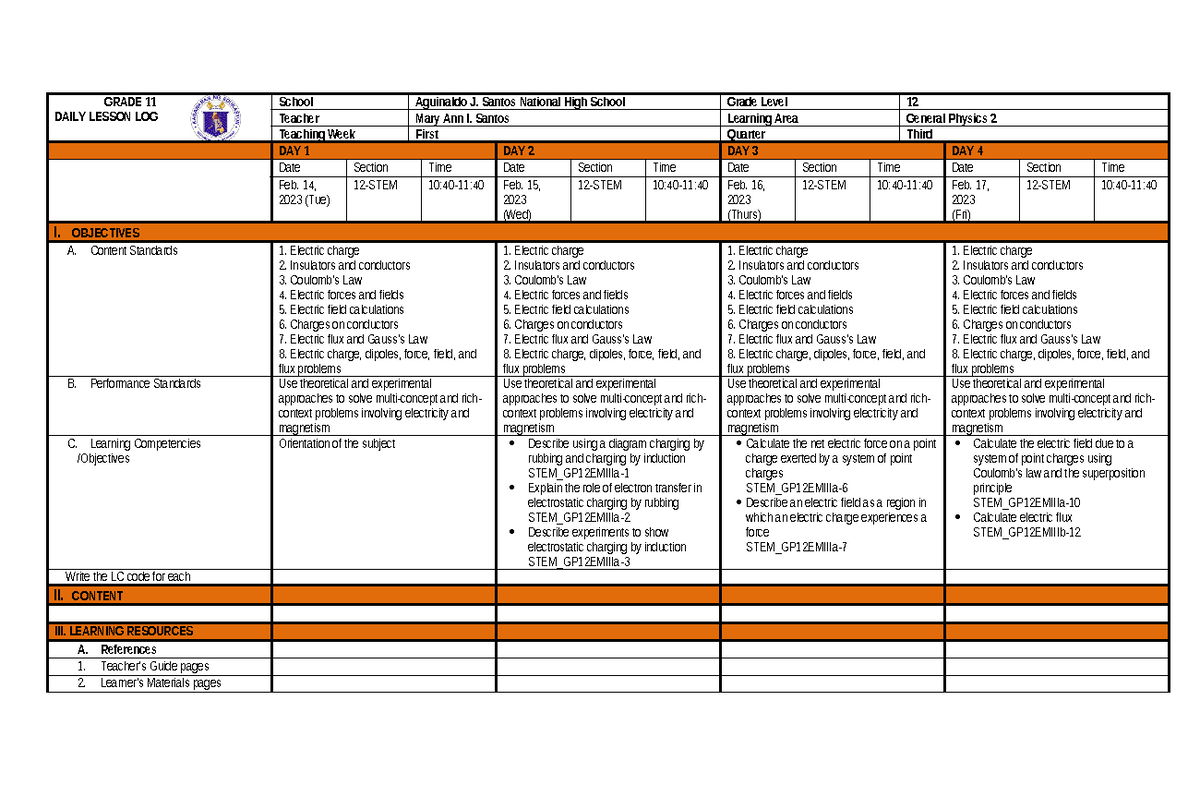 GP2-1st WEEK DLL - DLL - GRADE 11 DAILY LESSON LOG School Aguinaldo J ...