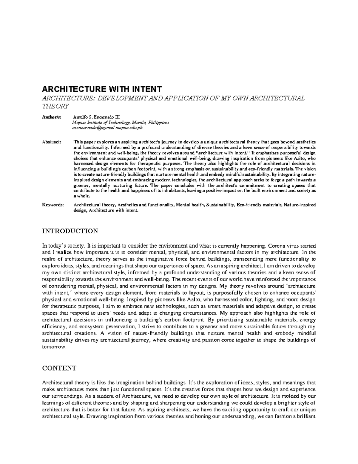 ARCHITECTURE WITH INTENT - ARCHITECTURE WITH INTENT ARCHITECTURE: DEVELOPMENT AND APPLICATION OF ...