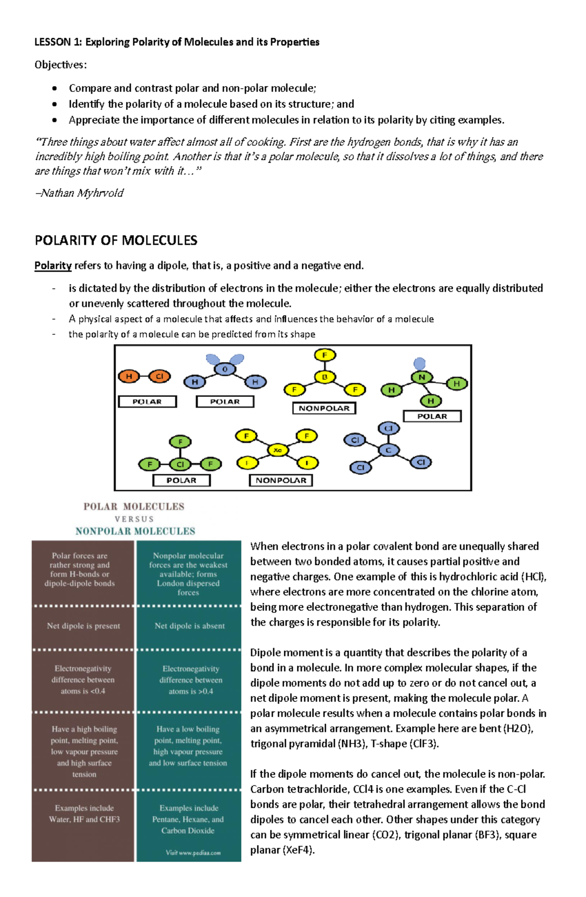 Polarity and IMF - LESSON 1: Exploring Polarity of Molecules and its ...