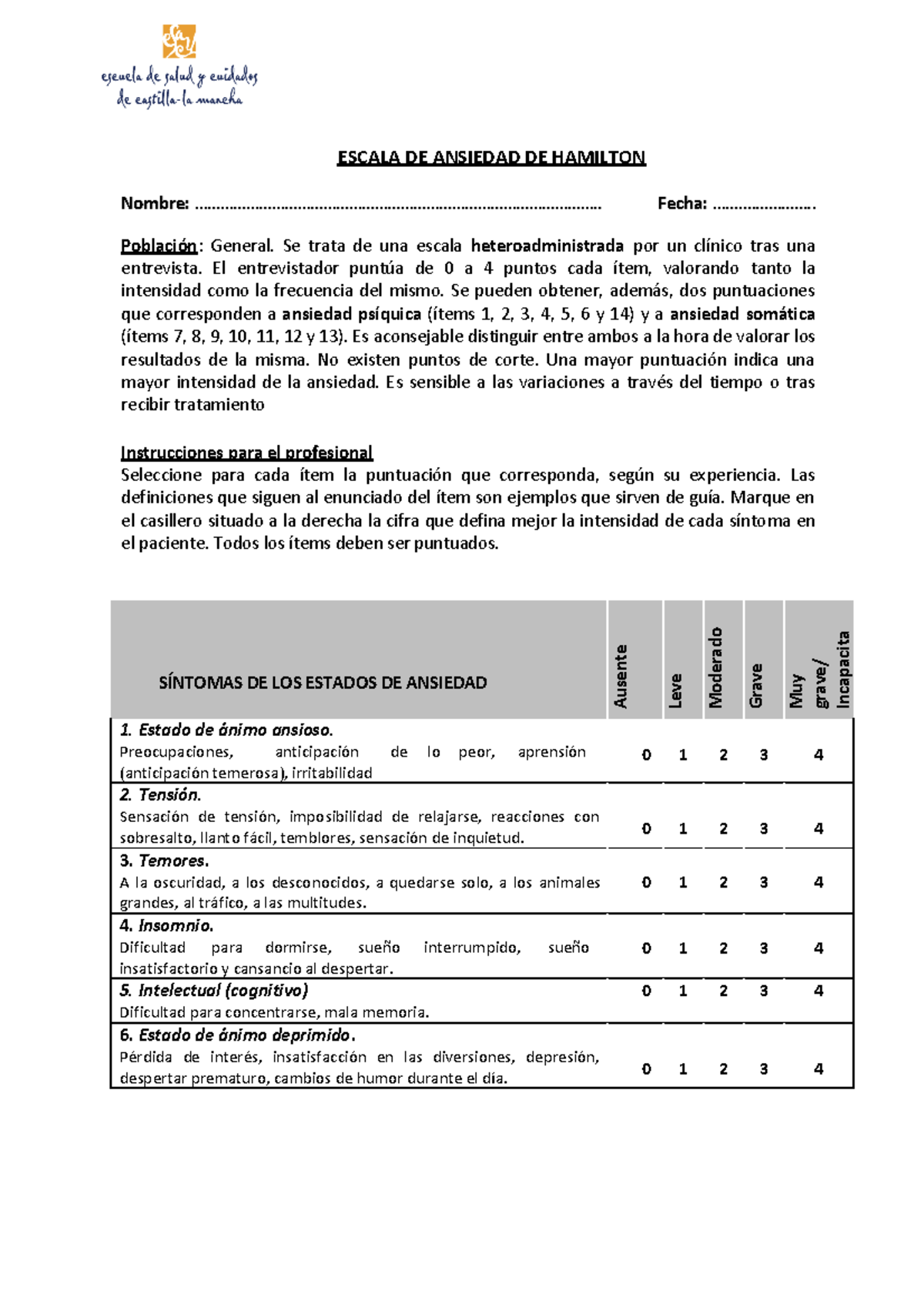 Escala Ansiedad Hamilton - ESCALA DE ANSIEDAD DE HAMILTON N Noommbbrree ...