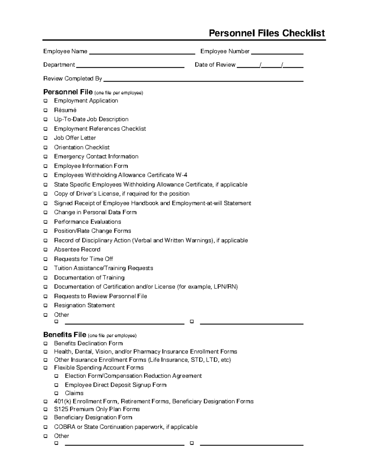 Employee Personnel File Checklist - Personnel Files Checklist Employee ...