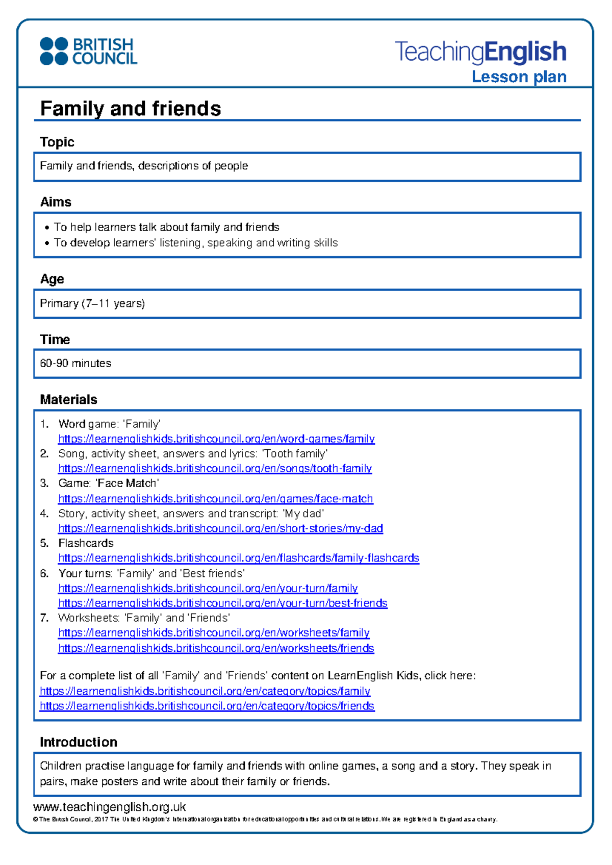 Teaching kids lesson plan family and friends - Lesson plan ...