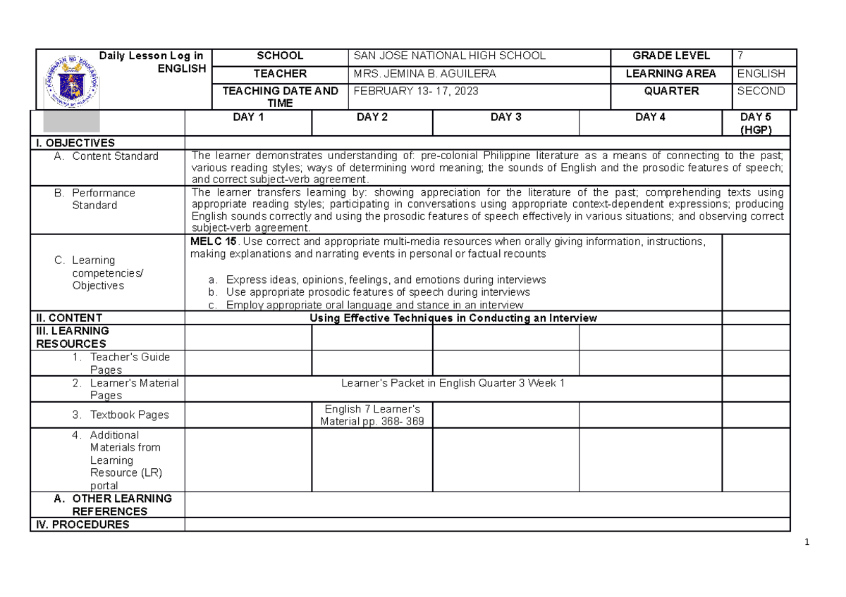 Q3 English 7 Conducting AN Interview - Daily Lesson Log in ENGLISH ...