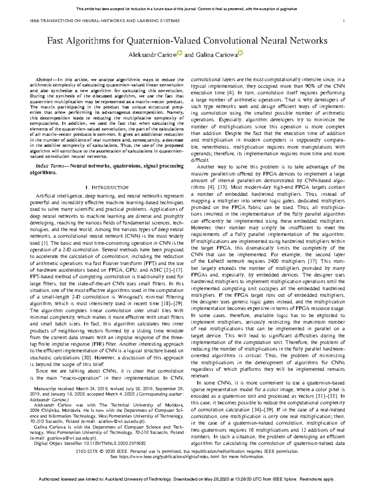 Cariow 2020 - good - IEEE TRANSACTIONS ON NEURAL NETWORKS AND LEARNING ...