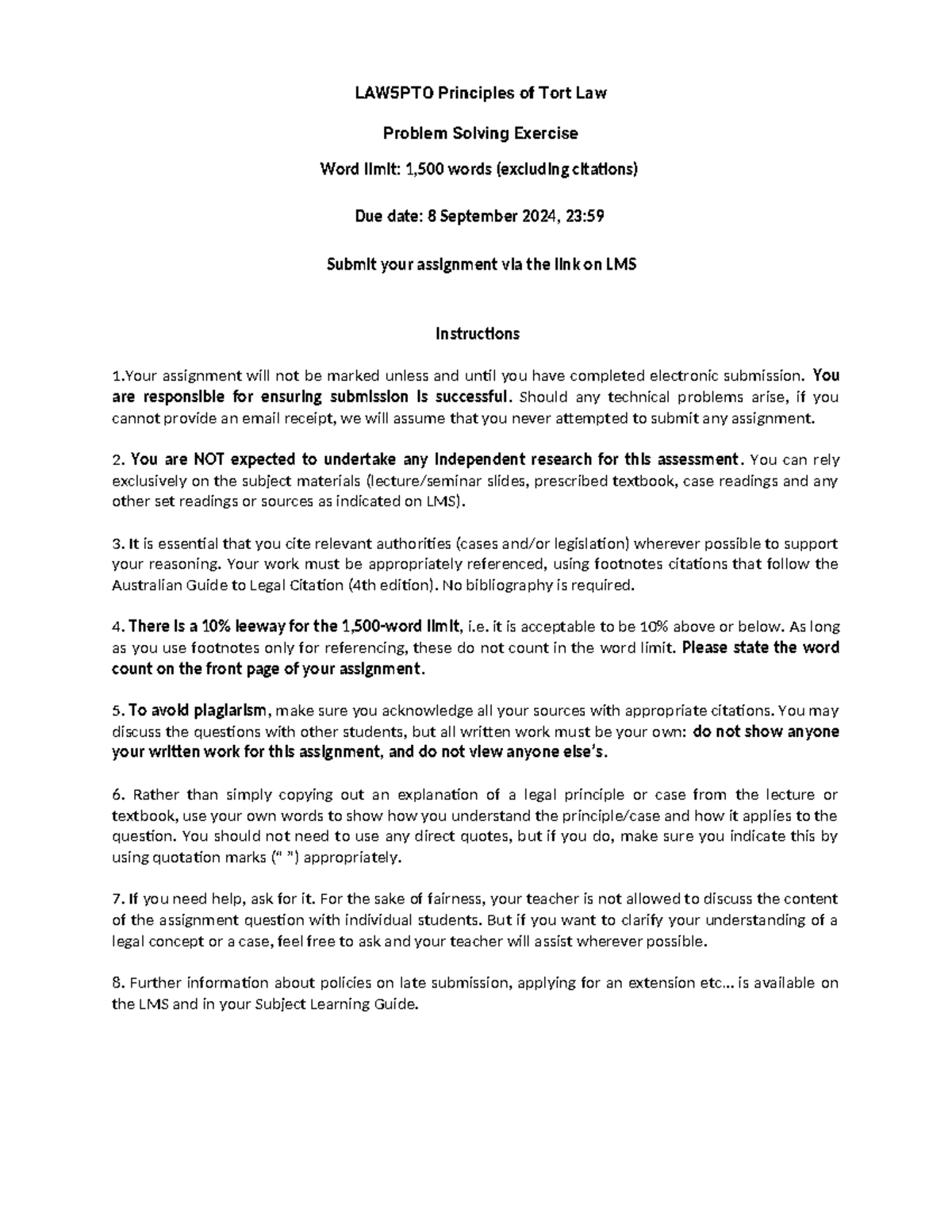 LAW5PTO Problem solving exercise - LAW5PTO Principles of Tort Law ...