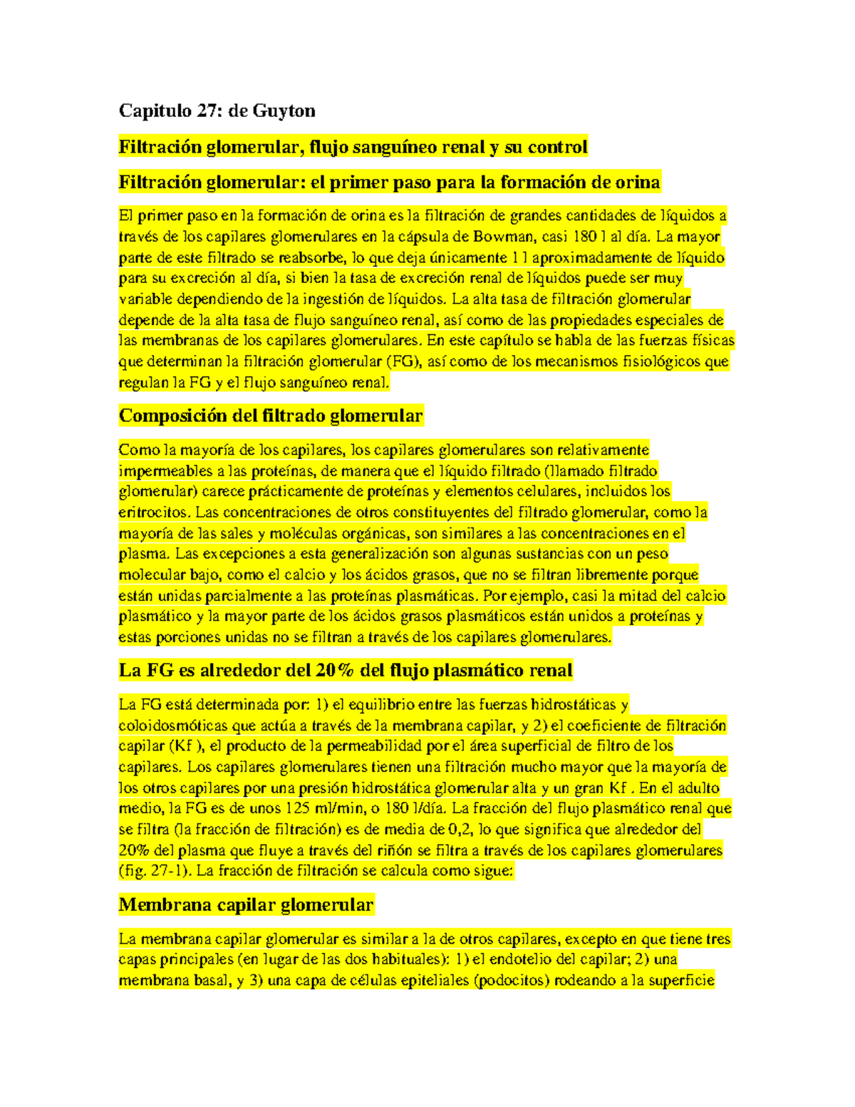 Capitulo 27 de Guyton - resumen - Capitulo 27: de Guyton Filtración glomerular, flujo sanguíneo ...