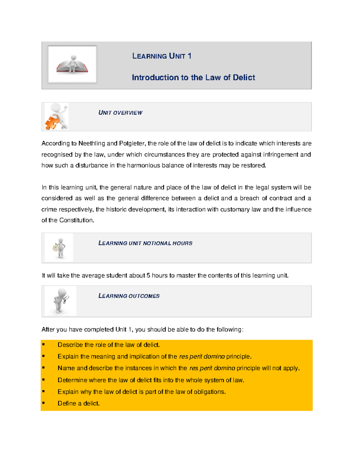 Learning Unit 1 - unit one slides - LEARNING UNIT 1 Introduction to the Law of Delict UNIT ...