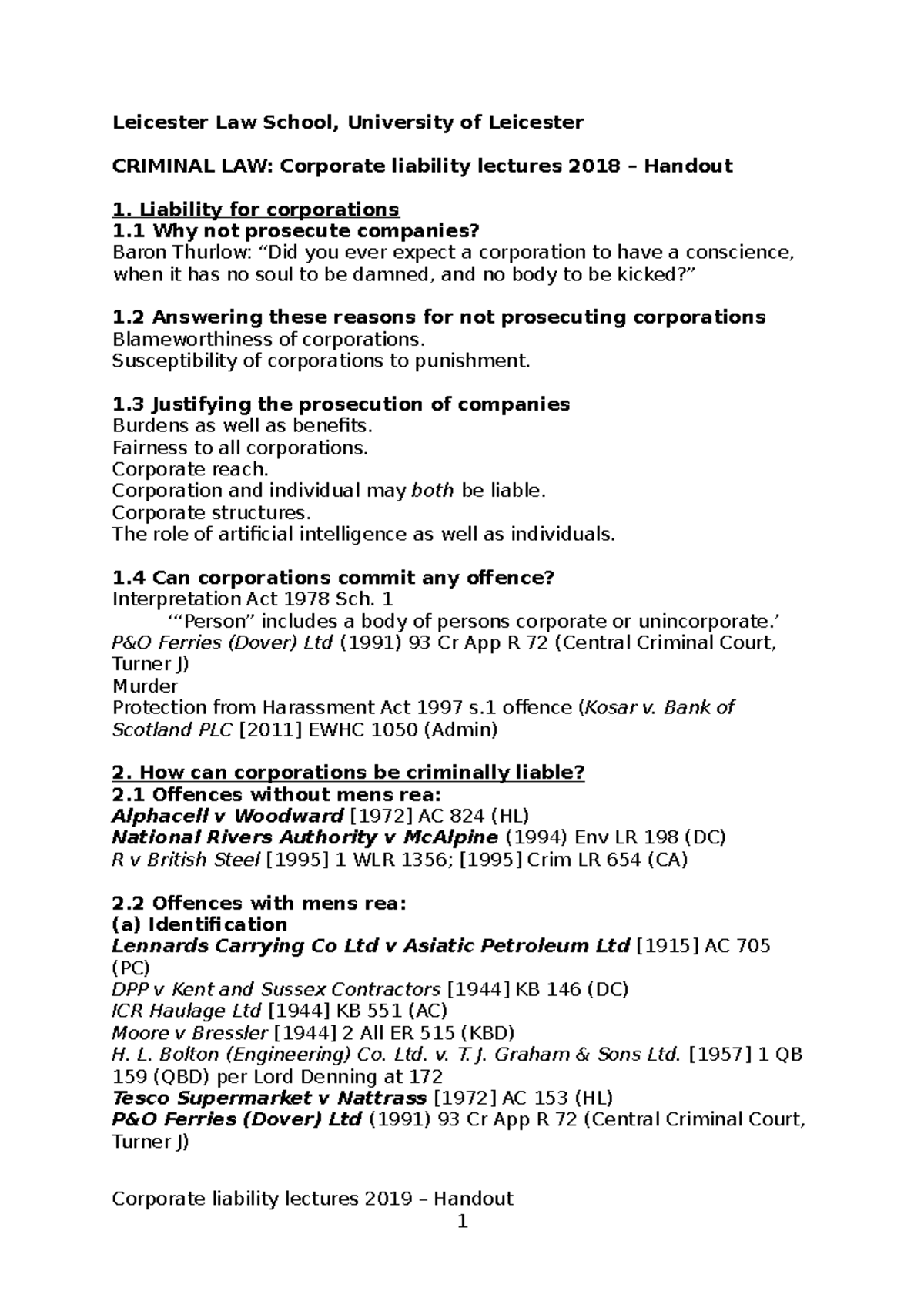 Corporate liability lectures 2019 Handout - Leicester Law School ...