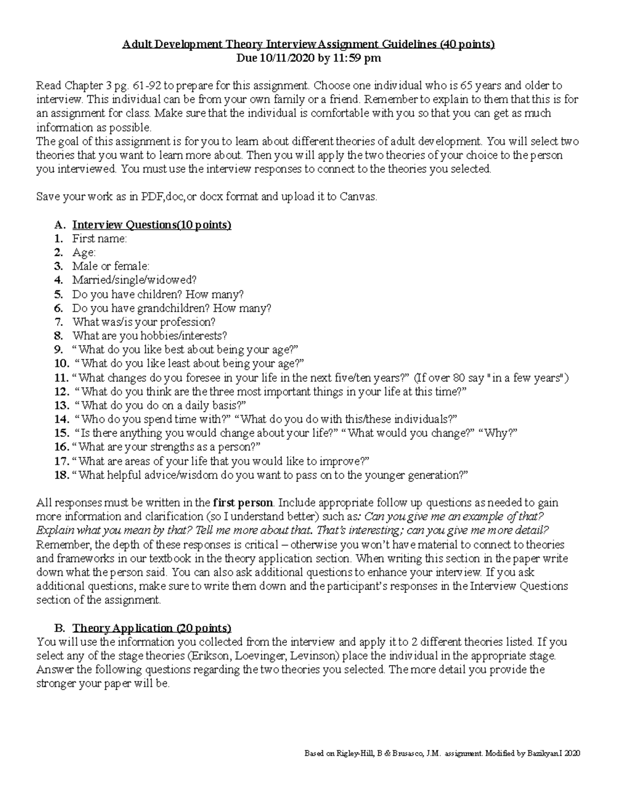 Adult Development Theory Interview Assignment - 61-92 to prepare for ...
