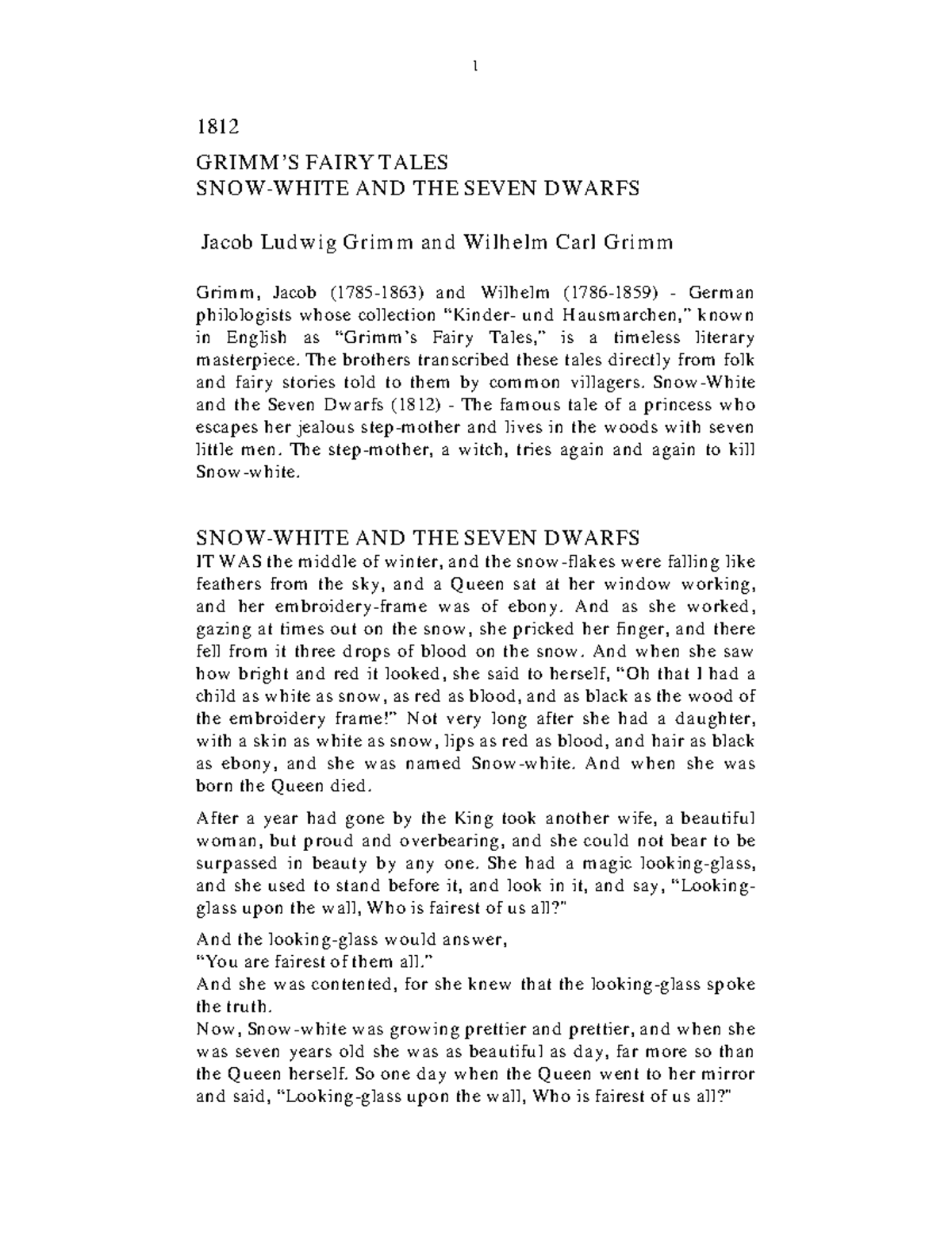Story 158 - 1812 GRIMM’S FAIRY TALES SNOW-WHITE AND THE SEVEN DWARFS ...