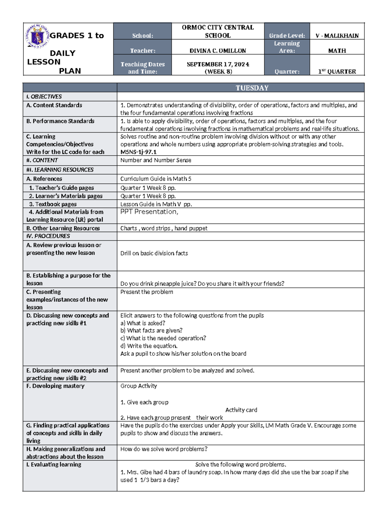 DLL MATH 5 Q1 W9-D2 - DLL MATH 5 Q1 W9-D2 - GRADES 1 to 12 DAILY LESSON ...